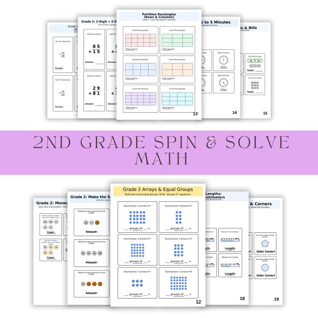 2nd Grade Spin & Solve Math Printable Worksheets | No Prep PDF - Etsy