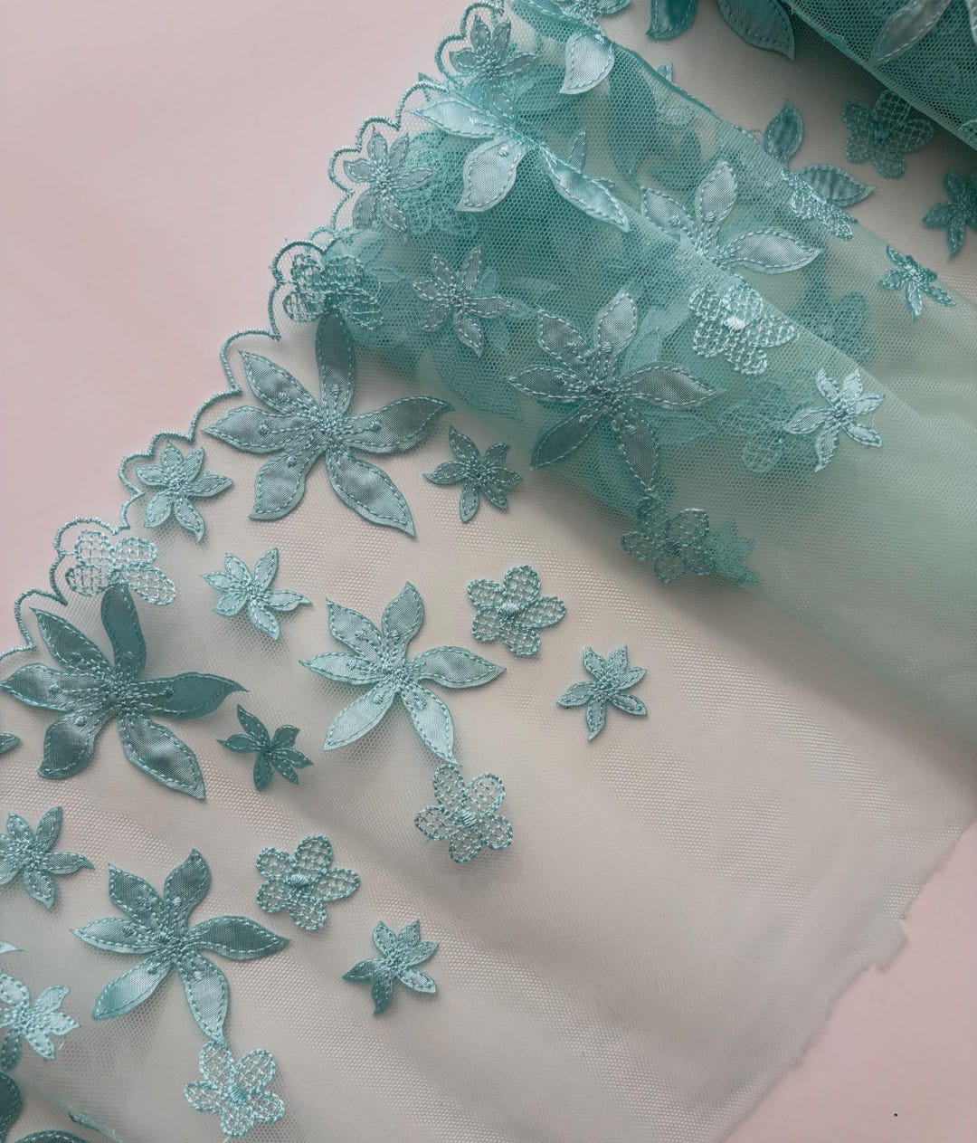 Aqua Green Embroidered Lace Trim 7 Inch/18 Cm Wide, Non-stretch Floral ...