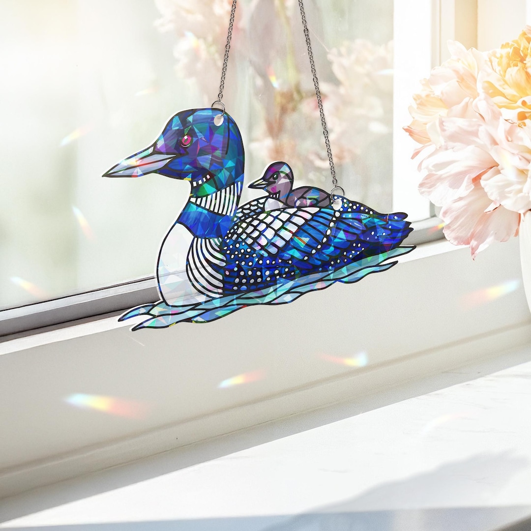 Holographic Acrylic Window Hanging: Loon and Baby Design, Lake Water ...