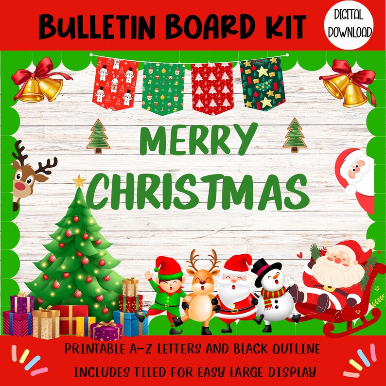 Merry Christmas Bulletin Board Kit: Santa, Reindeer, Elves (digital ...