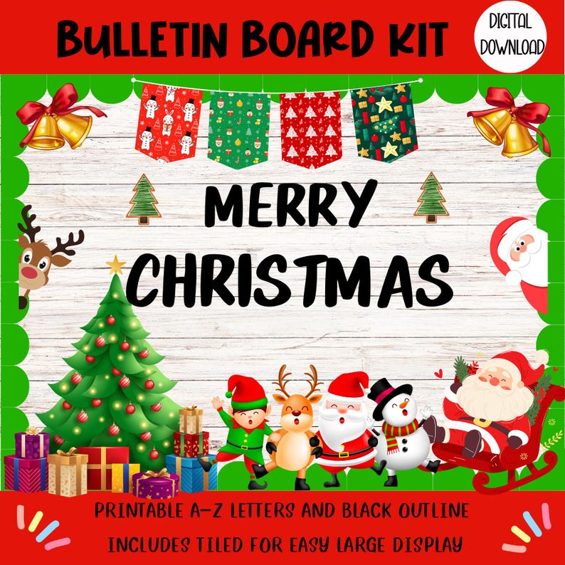 Merry Christmas Bulletin Board Kit: Santa, Reindeer, Elves (digital ...