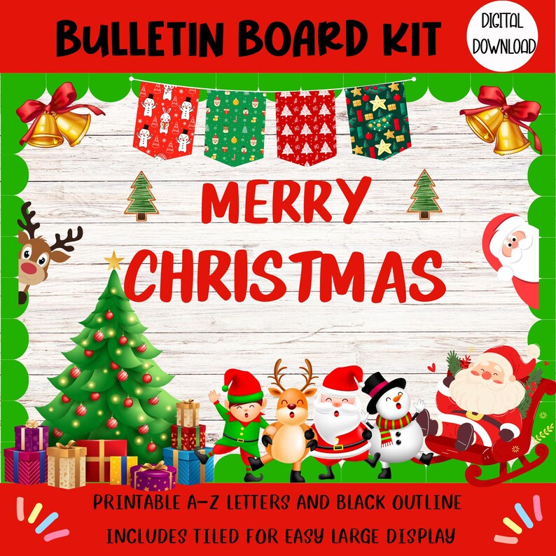 Merry Christmas Bulletin Board Kit: Santa, Reindeer, Elves (digital ...