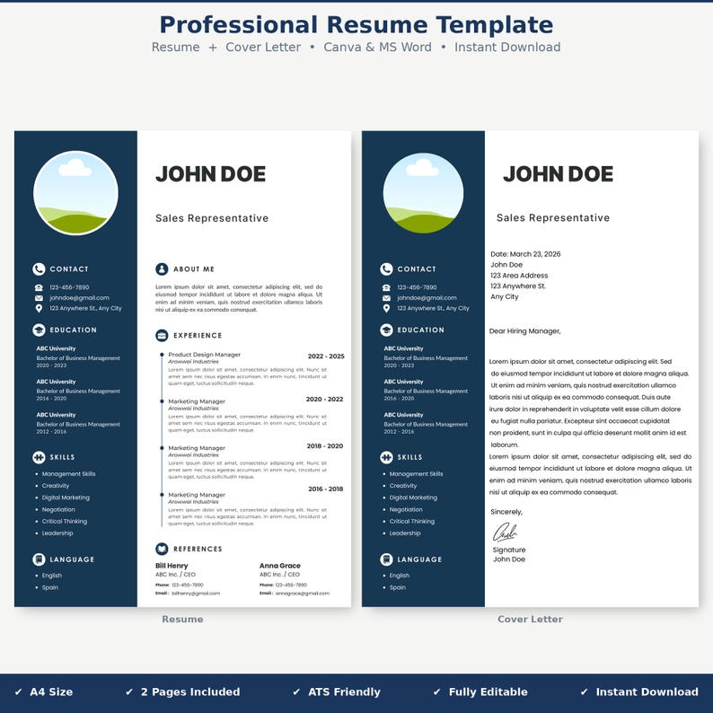 Professional Resume Template, Cover Letter, Digital Resume,word ...