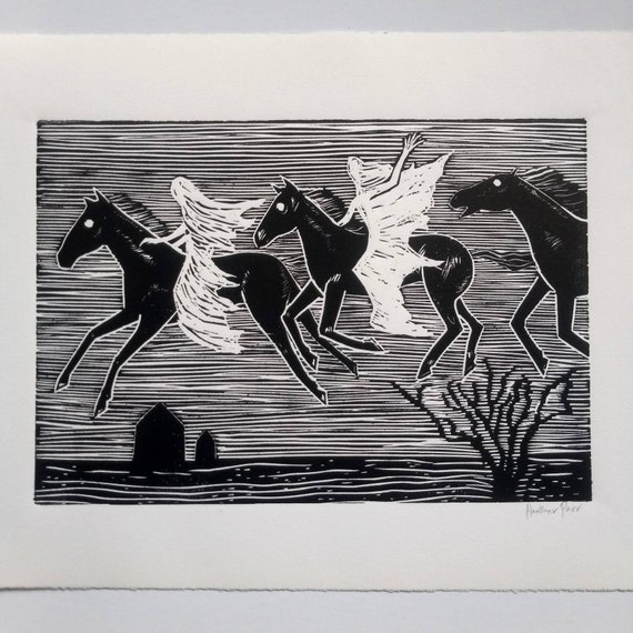 Linocut print the wild hunt | Etsy