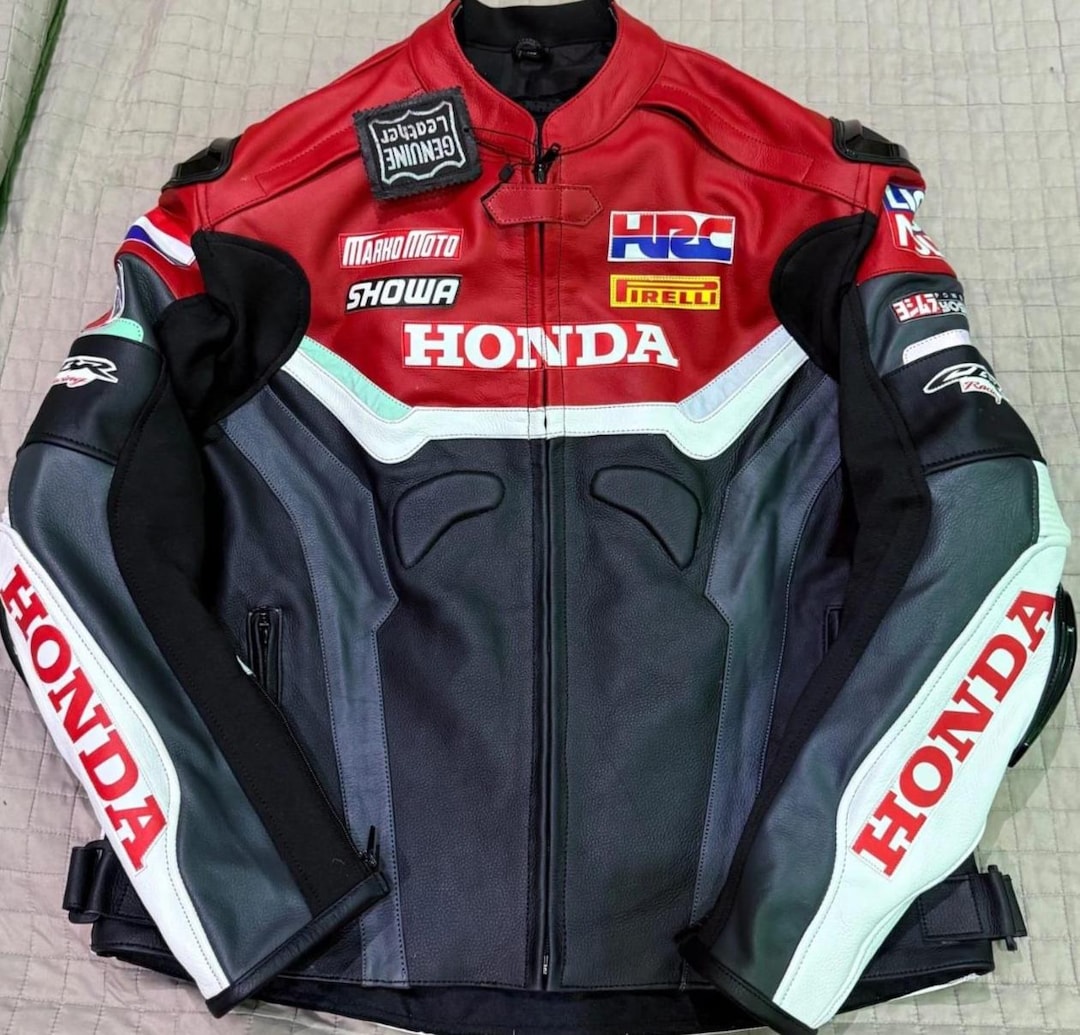 Honda Racing Leather Jacket Men's Red Black Genuine Cowhide Leather ...
