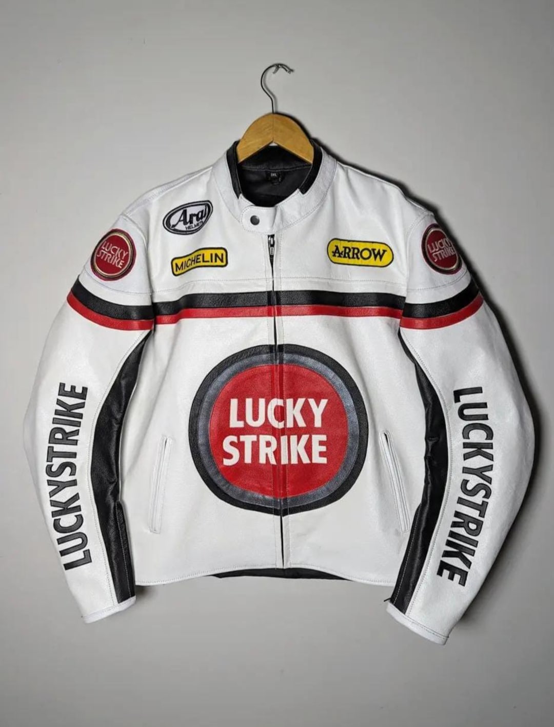 Lucky Strike Racing Leather Jacket White Genuine Cowhide Leather ...