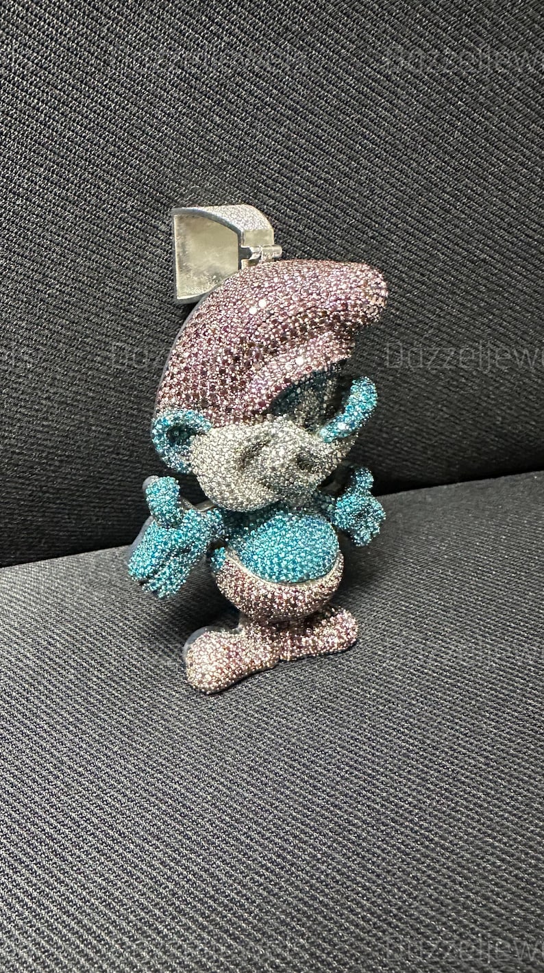 Handmade Iced Out Smurf Pendant: Blue, White & Brown Diamond, 925 ...