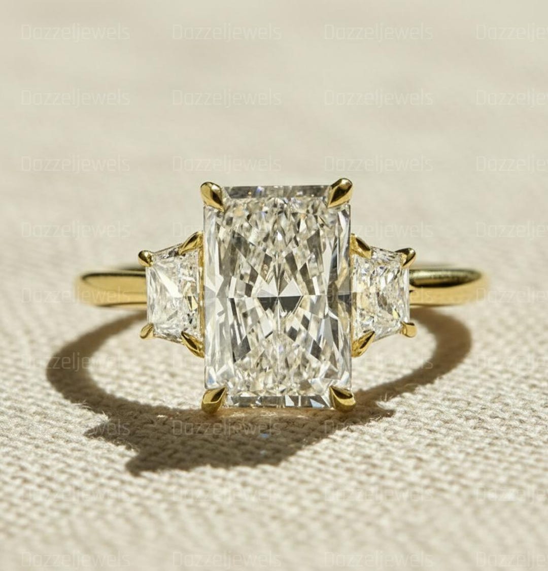 3CT Radiant Lab Grown Diamond Engagement Ring, Two Trapezoid Side ...