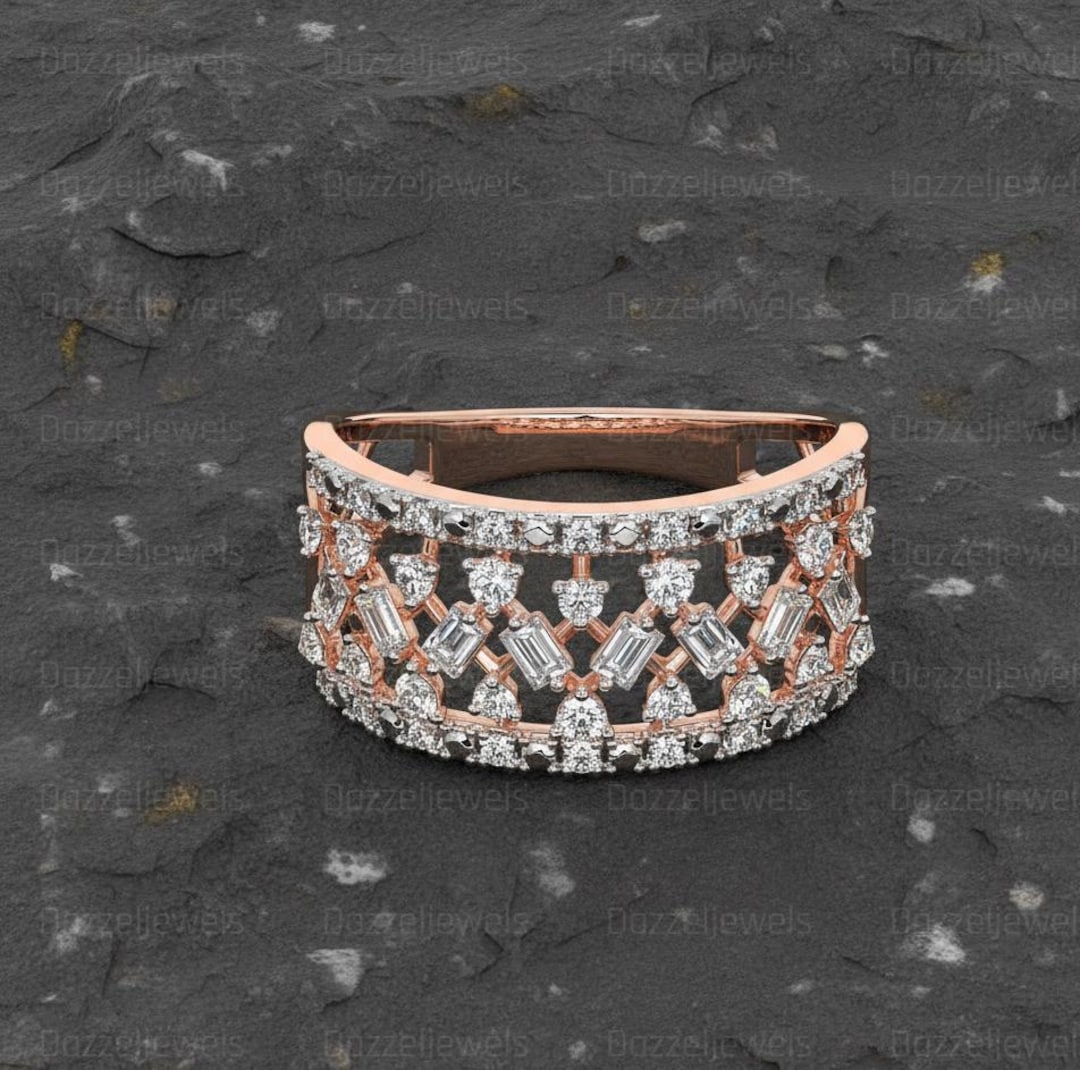 Anillo de racimo de moissanita y oro rosa, anillo nupcial de múltiples ...