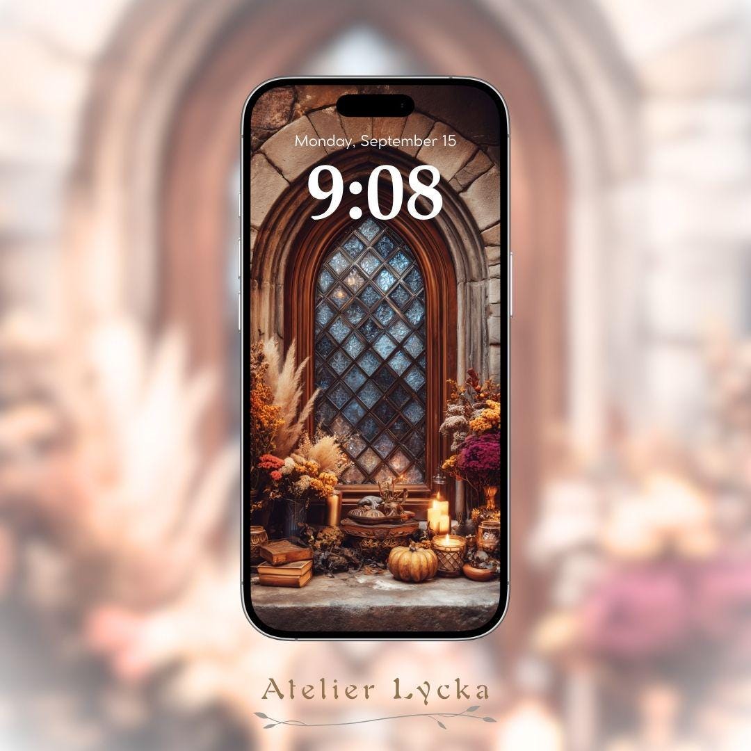 Gothic Autumn Window Digital Wallpaper – Halloween Pumpkin & Candle ...