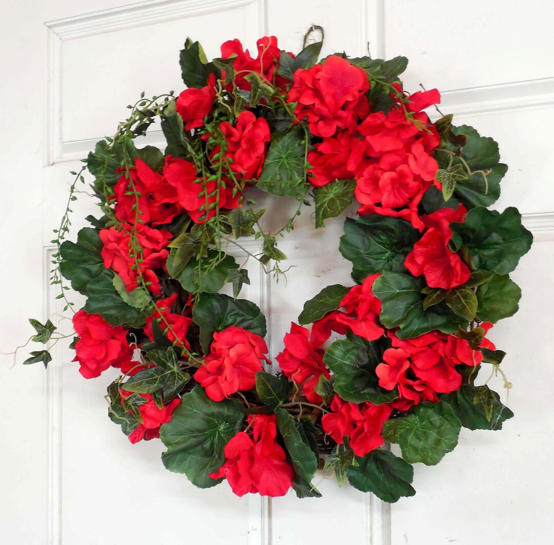 Red Geranium Wreath: Summer Farmhouse Front Door Decor - Etsy