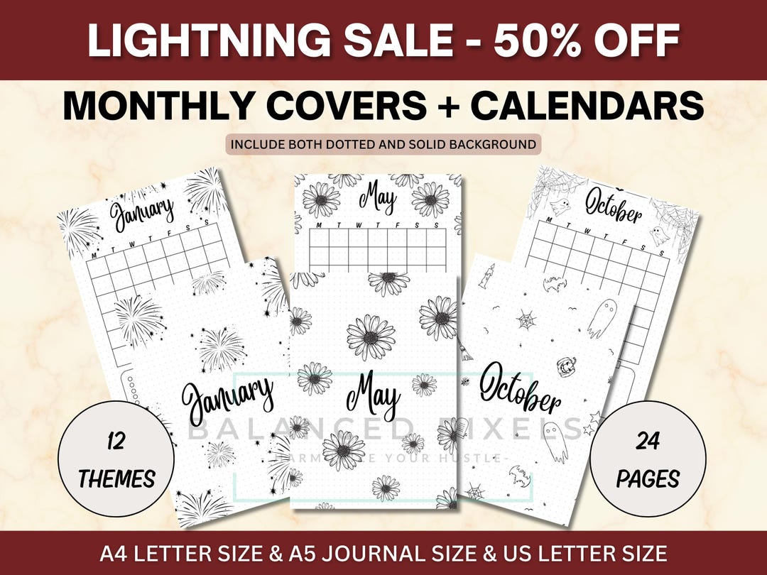 12 Month Calendar & Cover Page Bundle | Undated Monthly Planner ...