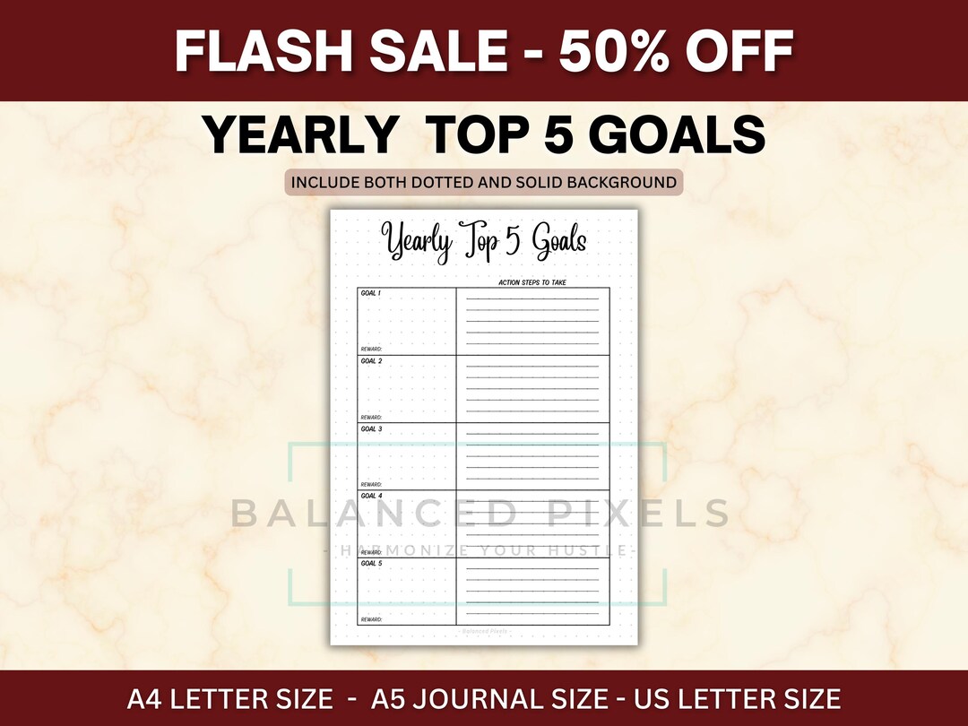 Yearly Top 5 Goals Tracker - Printable Action Plan Worksheet - Goal ...