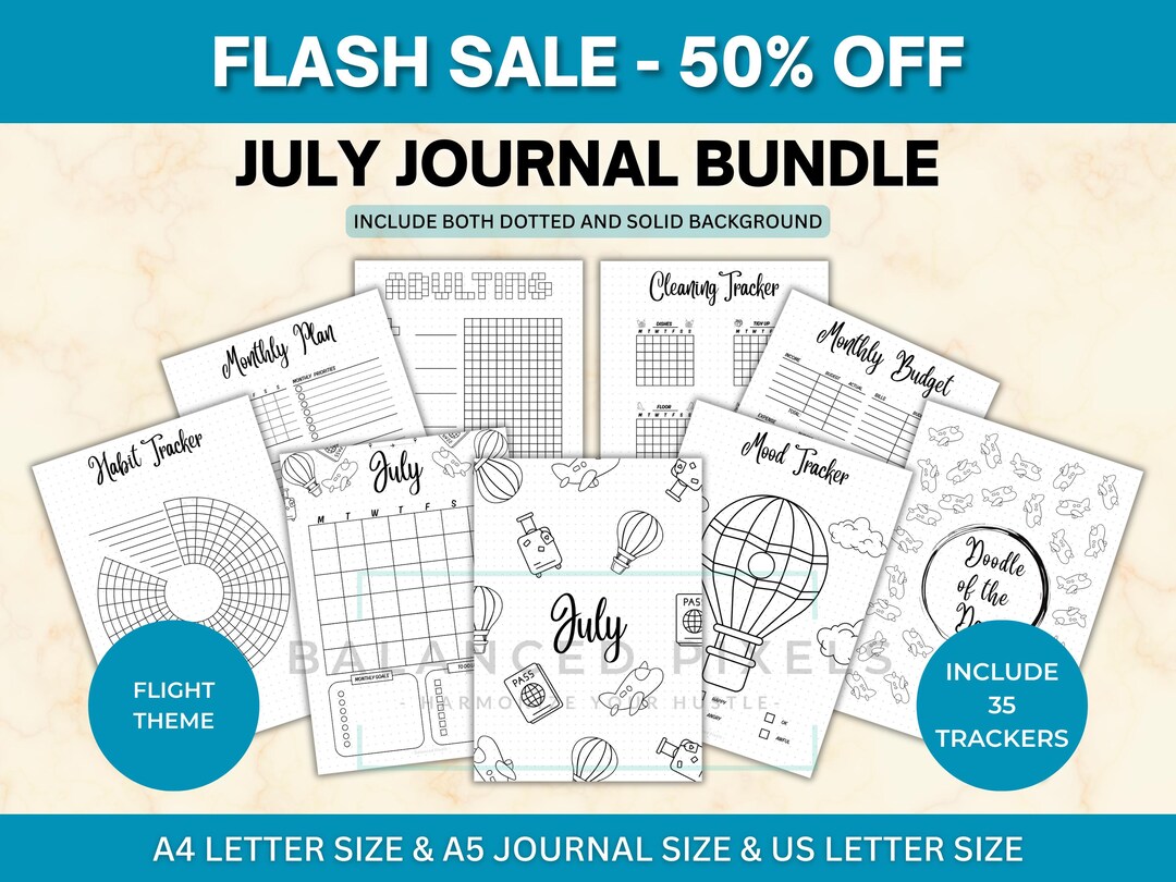 July Planner Bundle - Flight Theme Printable - Undated Monthly Calendar ...