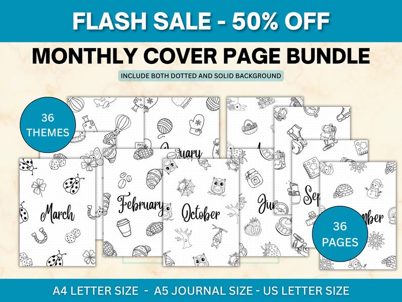 36 Monthly Cover Pages Bundle Printable - Bullet Journal Insert - 12 ...