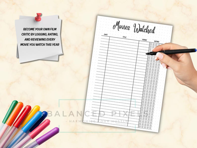 Movie Watch Log Printable - Film Review Journal PDF - Cinema Rating ...