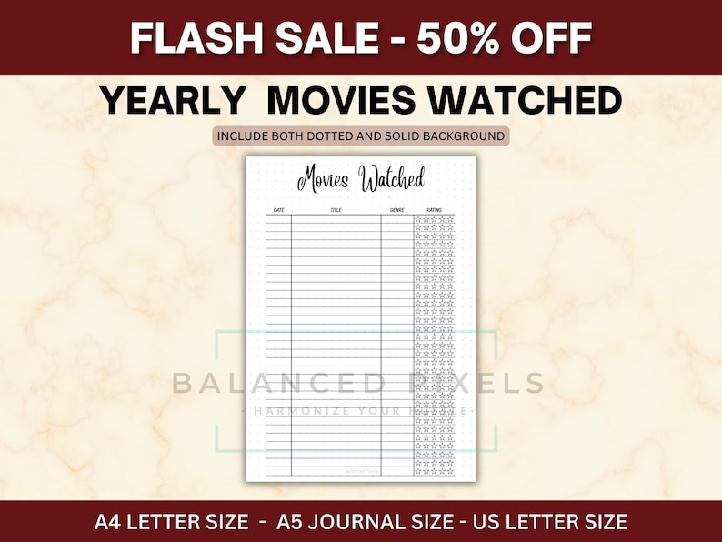 Movie Watch Log Printable - Film Review Journal PDF - Cinema Rating ...