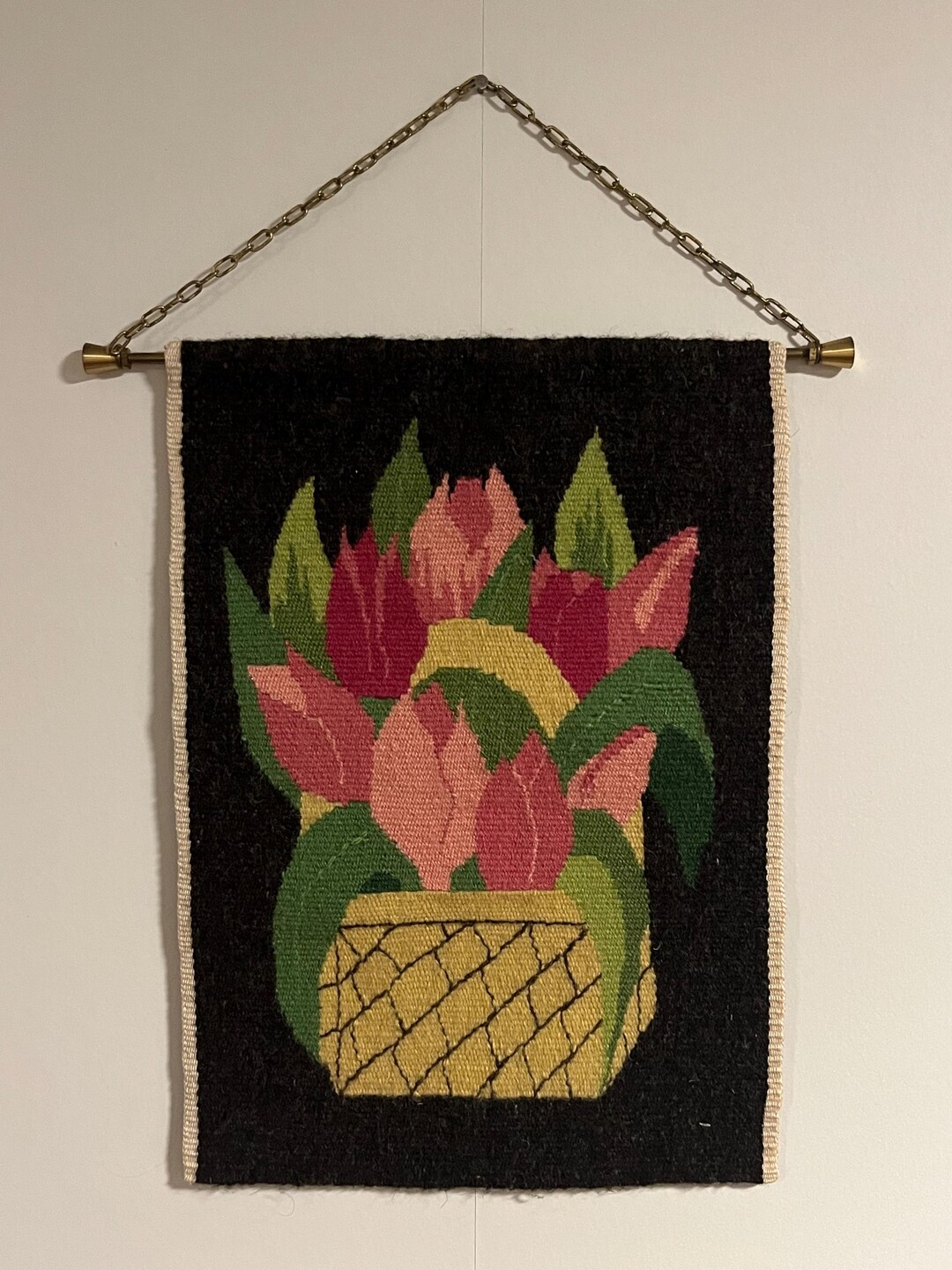 Vintage Scandinavian Woven Wall Hanging | Floral Tulip Tapestry Textile ...