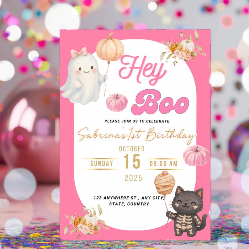 Editable Halloween Pink Ghost Birthday Invitation | Hey Boo Girly Cute ...