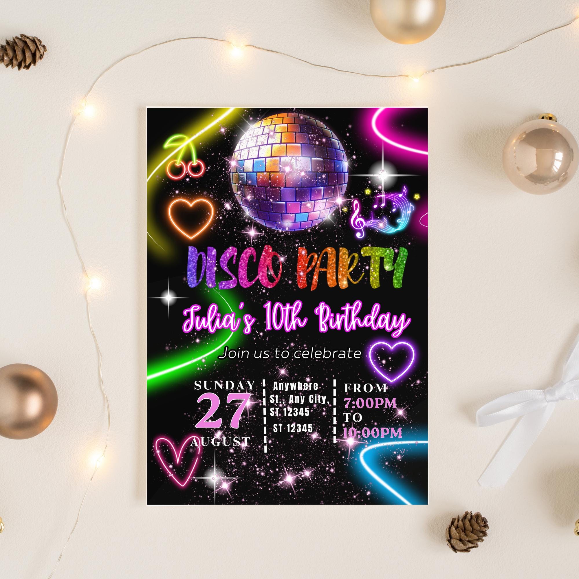 Editable Disco Party Invitation Neon Glow Disco Dance Party Invitation ...
