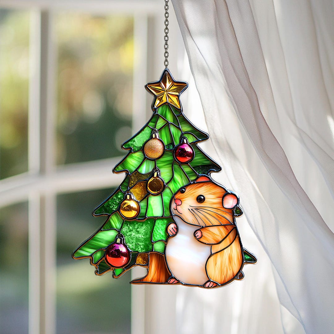 Hamster Christmas Tree Stained Glass Suncatcher, Cute Holiday Window ...