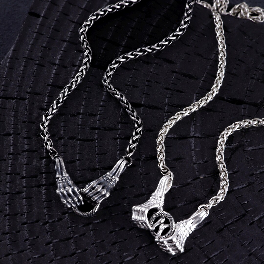 Sterling Silver Wheat Chain Skull Hand Toggle Closure Braided Necklace ...