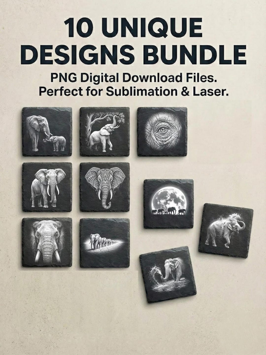 Elephant Slate Coasters | 10 Design Bundle | Laser Engraving Files ...