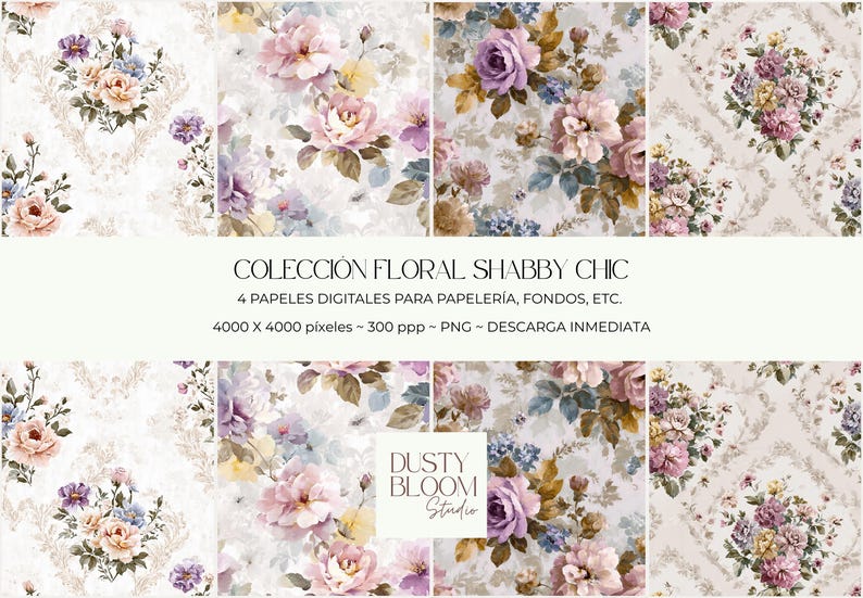 Shabby Chic Floral Digital Paper Pack – 4 High-resolution Vintage ...