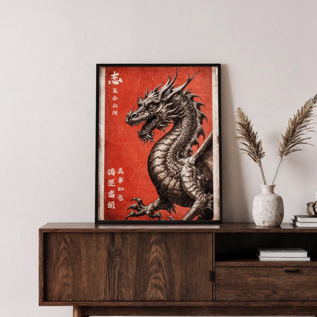 Gold Dragon Poster Red Wall Art Chinese Luck Symbols Print Lunar New ...