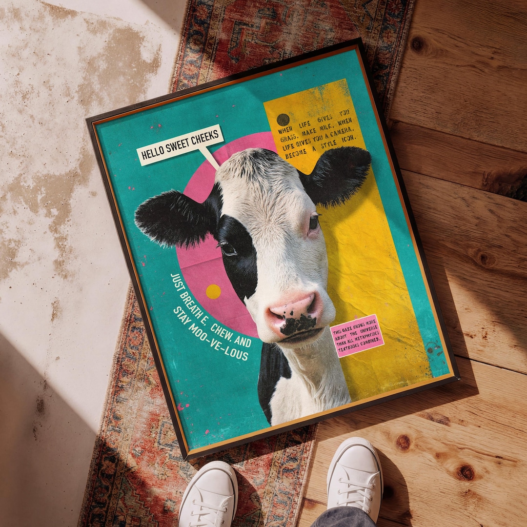 Funny Cow Poster Hello Sweet Cheeks Wall Art Eclectic Kitchen Decor ...
