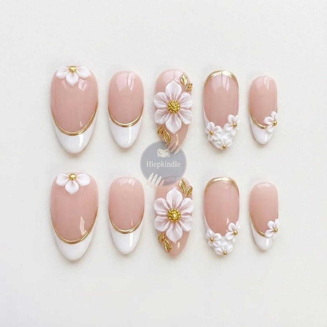 Elegant Bridal Press on Nails | 3D White Flower & Gold French Tip Fake ...