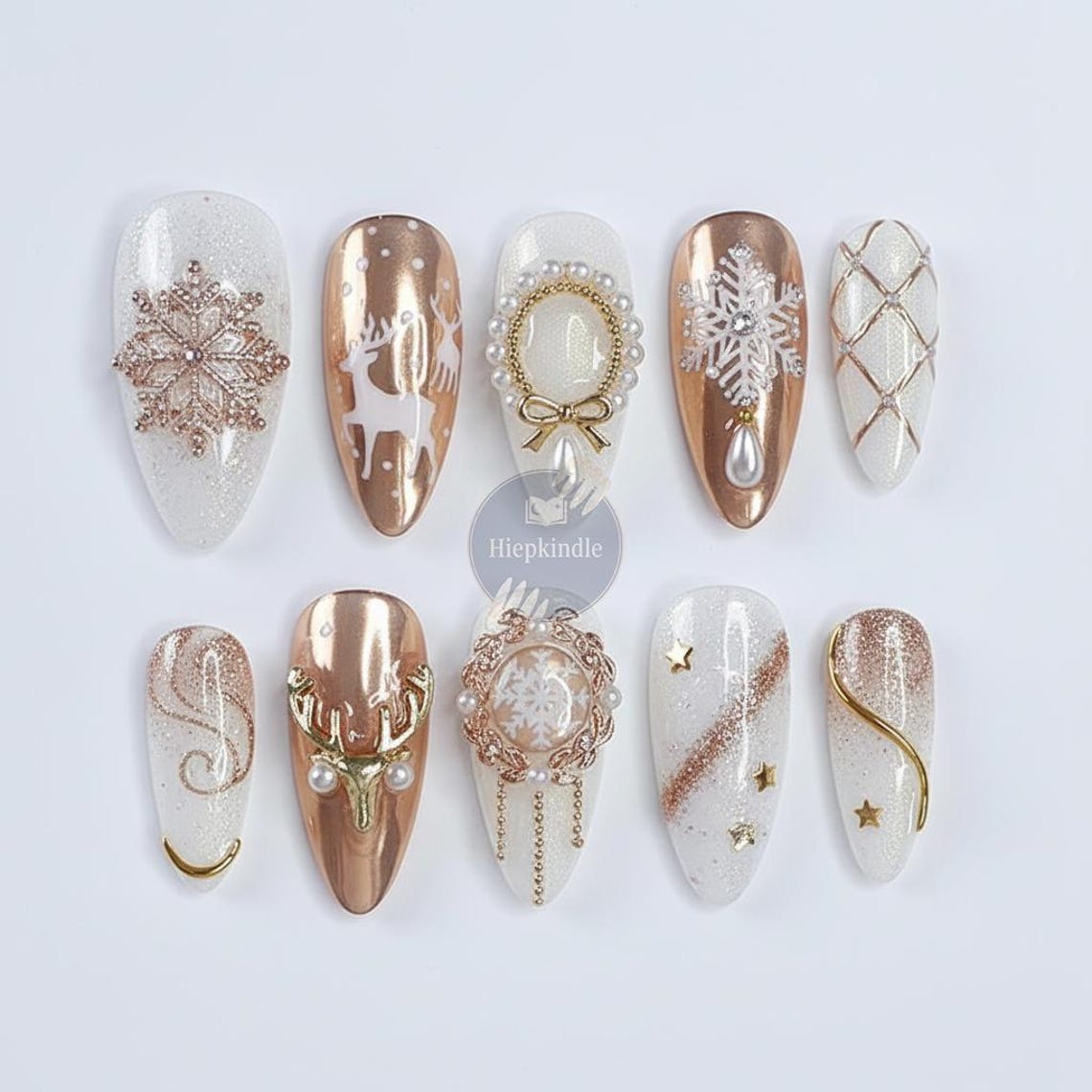 Festive Reindeer & Laurel Wreath Press-on Nails: Medium Almond Shape ...
