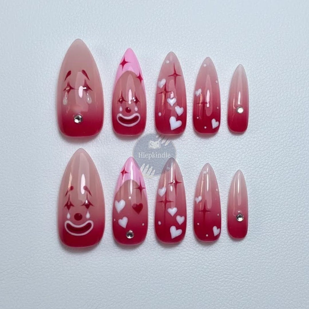 Pink Coquette Clown Press on Nails, Sad Crying Face & Hearts, Y2K Aura ...
