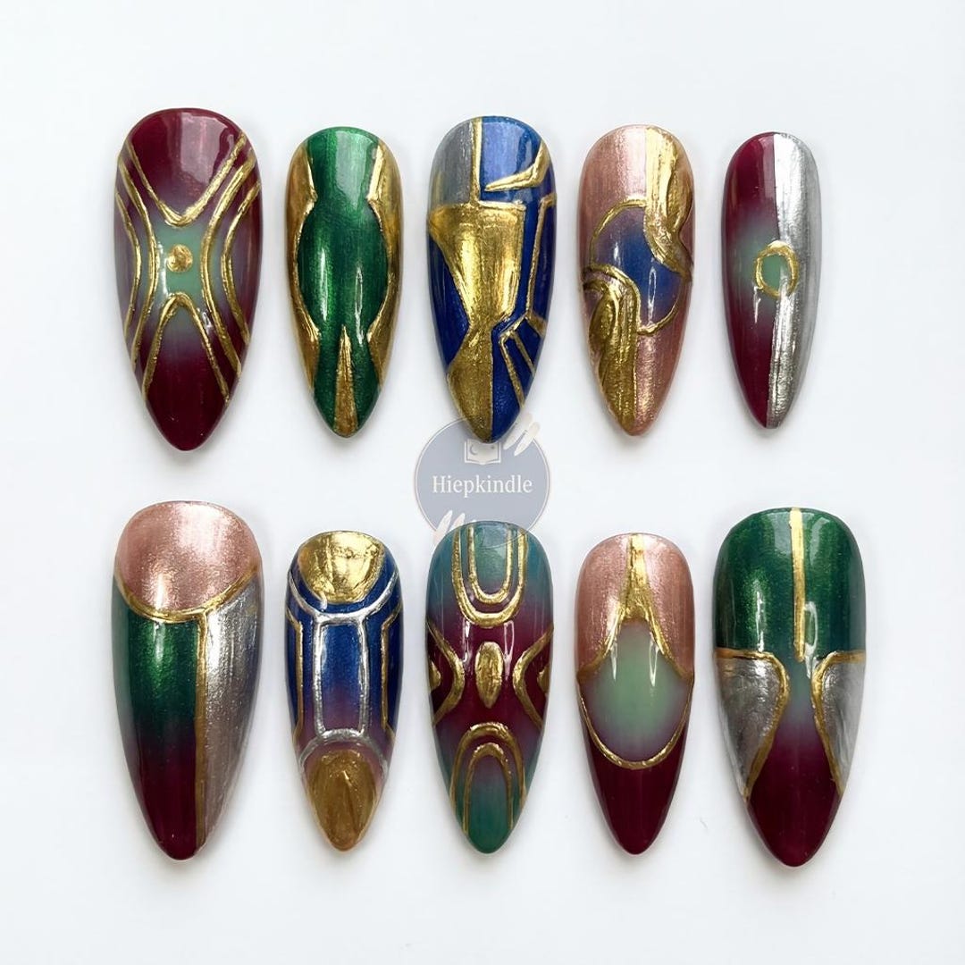 Abstract Chrome Press on Nails, Geometric Gold Silver Metallic, Cyber ...