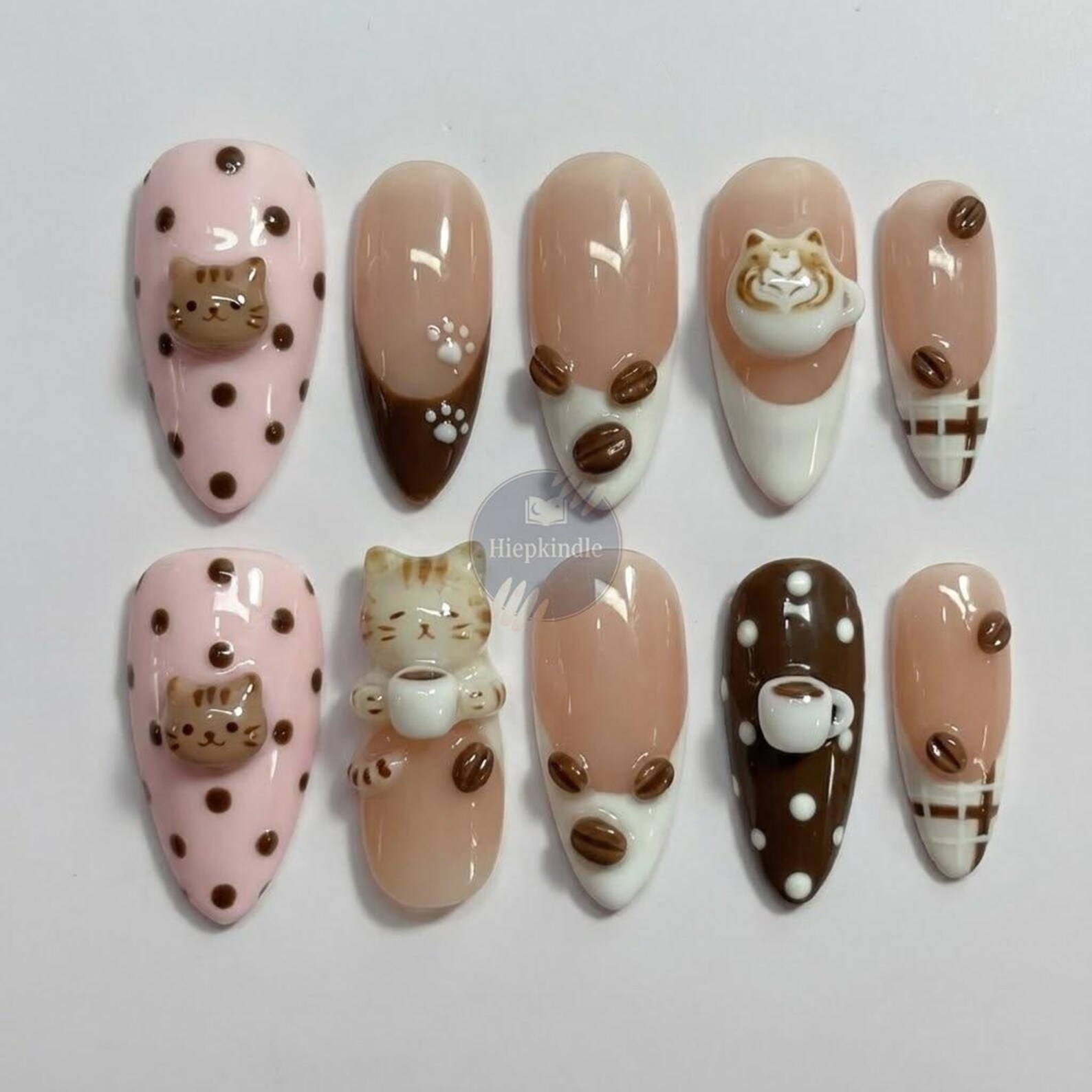 Cute Coffee Cat Latte Press on Nails | 3D Brown Mocha Bean Fake Nails ...