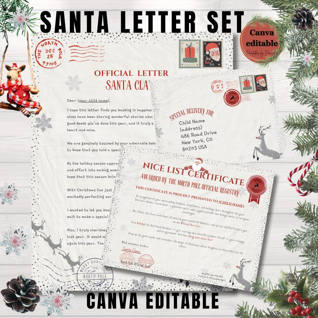 Editable Santa Letter Set, Nice List Certificate, Rudolph Inspired ...