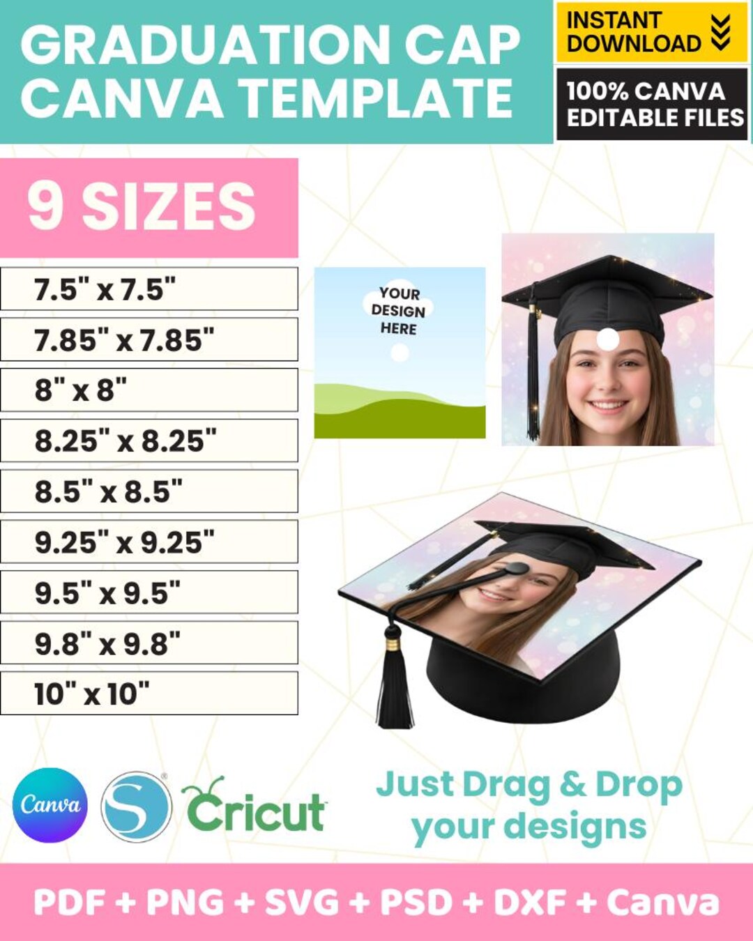 Graduation Cap Topper Template:9 Sizes Grad Cap, Blank Sublimation Topper, Canva Editable ...