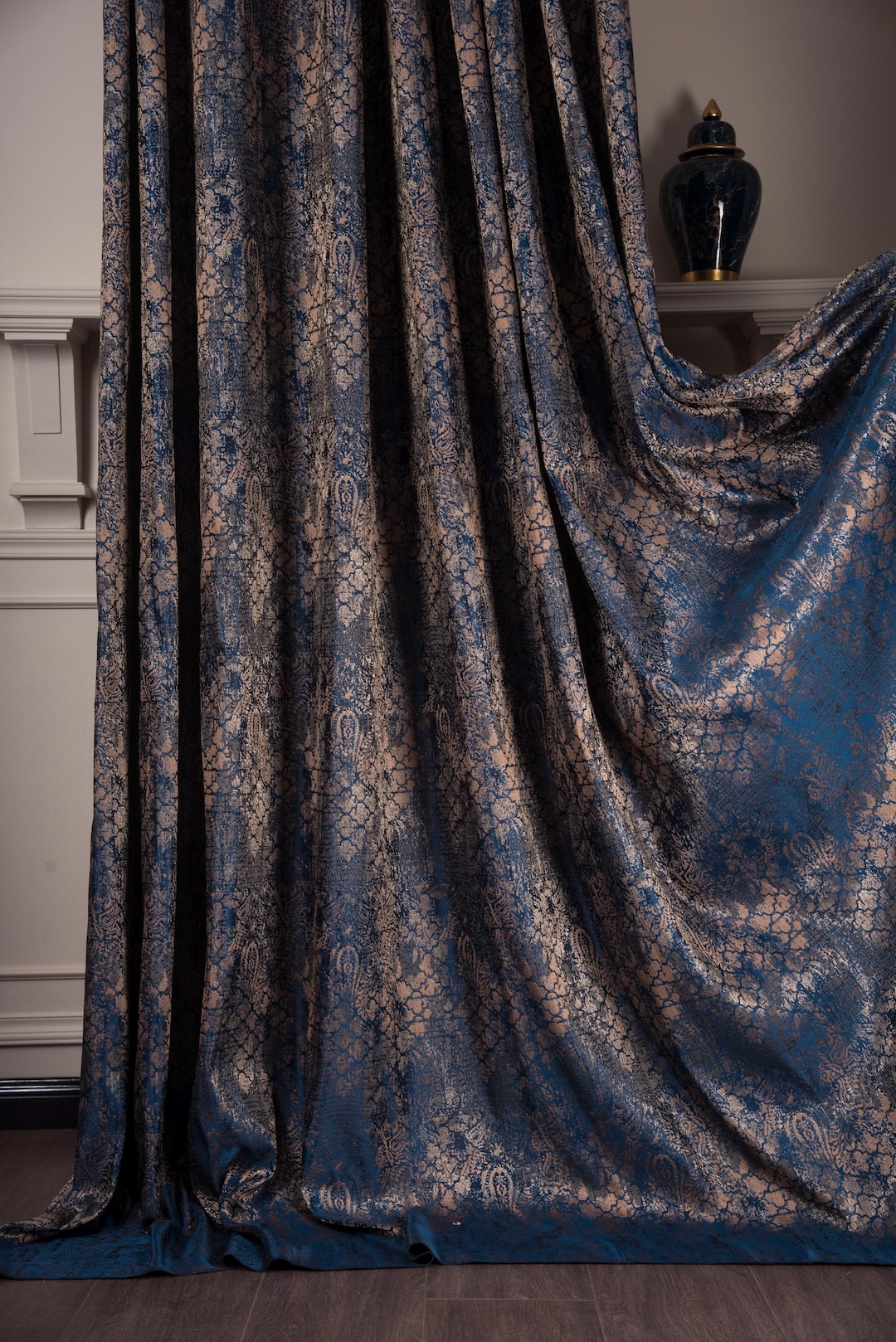 Navy Blue Damask Curtains, Gold Pattern, Extra Wide Panel - Etsy