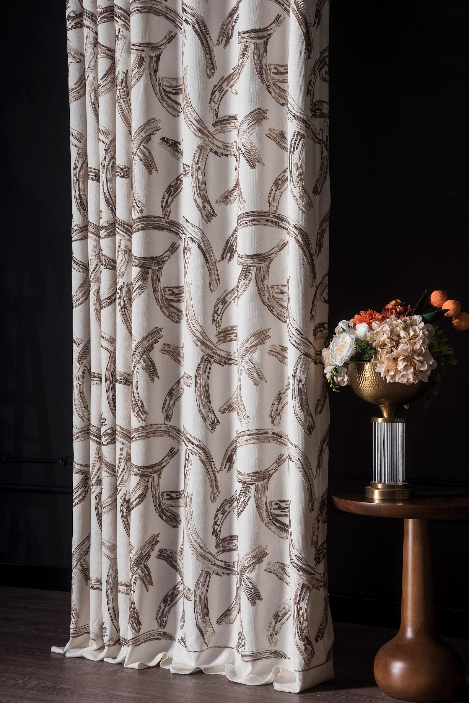 Cream and Bronz Embroidered Curtain Panel, Geometric Modern Linen for ...