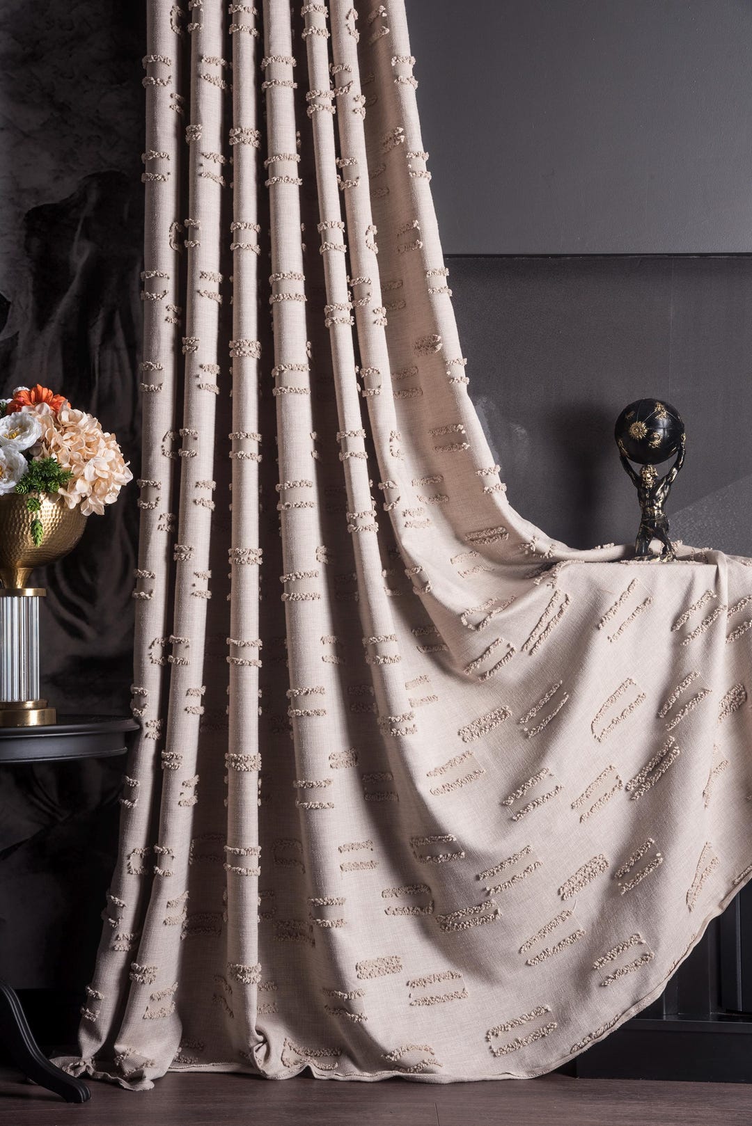 Embossed Linen Curtain Panel, Bohemian Beige Curtains Drapes, Custom ...