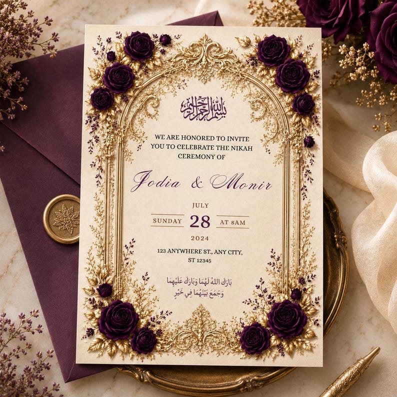 Editable Canva Islamic Wedding Invitation Template 5x7, Muslim Wedding ...