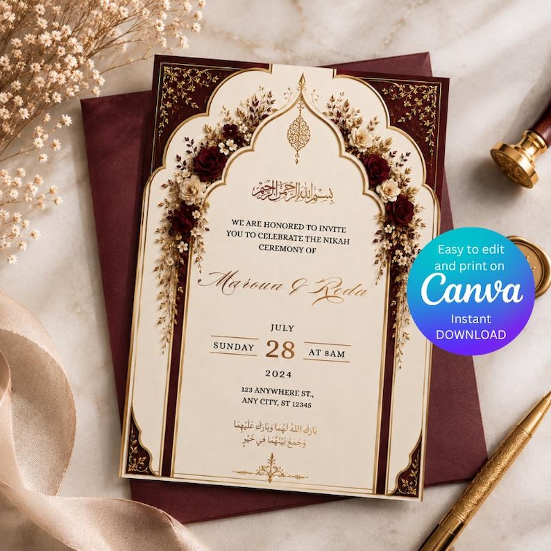 Luxury Islamic Wedding Invitation Template, Burgundy Gold Nikah Invite ...