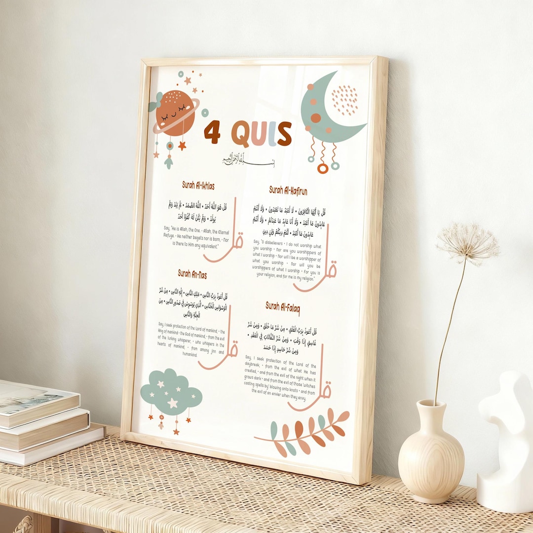 Islamic Kids Wall Art Printable, 4 Quls Quran Surahs for Children ...