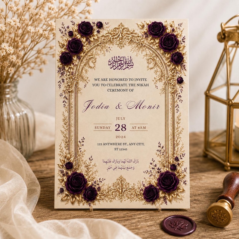 Editable Canva Islamic Wedding Invitation Template 5x7, Muslim Wedding ...