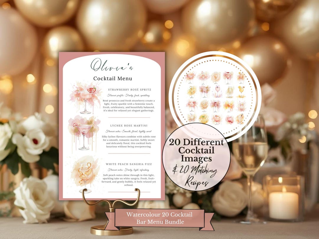 Editable Cocktail Drinks Menu Bundle 20 Recipes | 20 X Watercolour ...