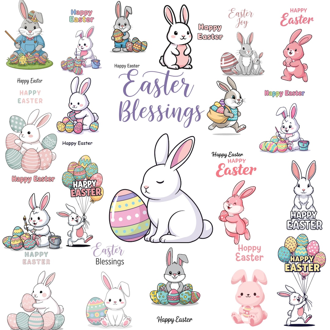 Happy Easter Bunny Clipart Bundle, Spring Bunnies, Eggs Design (digital ...