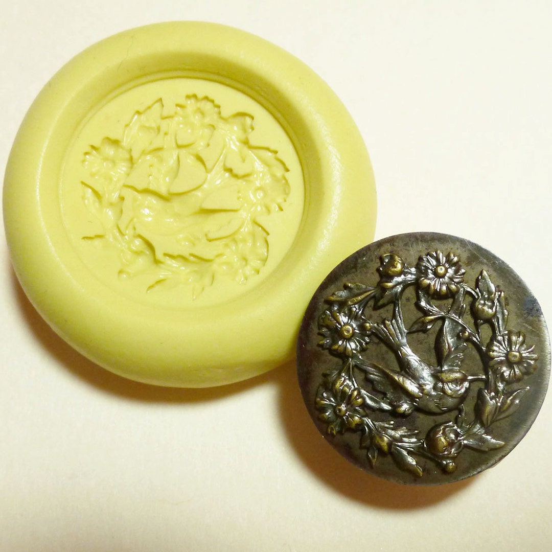 Antique Button Mold- Bird in Flower Wreath, Flexible Silicone Push Mold ...