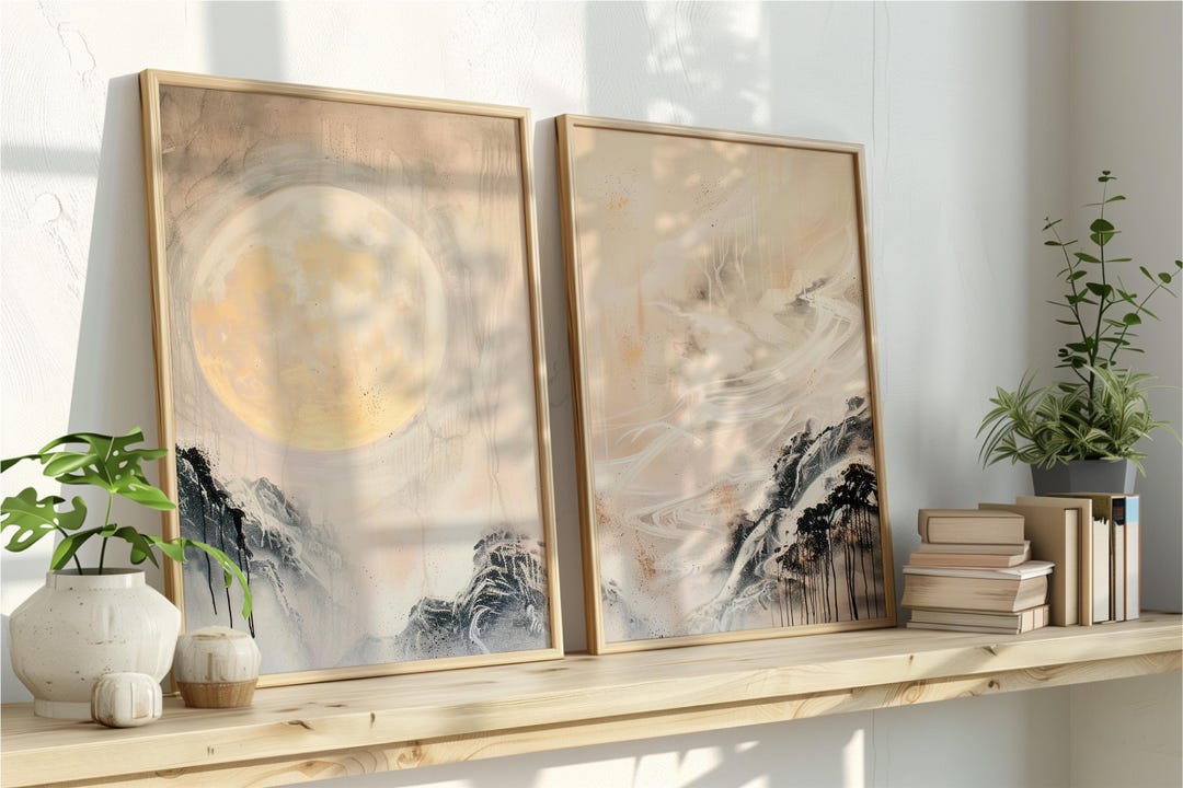 Set of 2 Celestial Moon Landscape Digital Art Prints | Beige, Gold ...