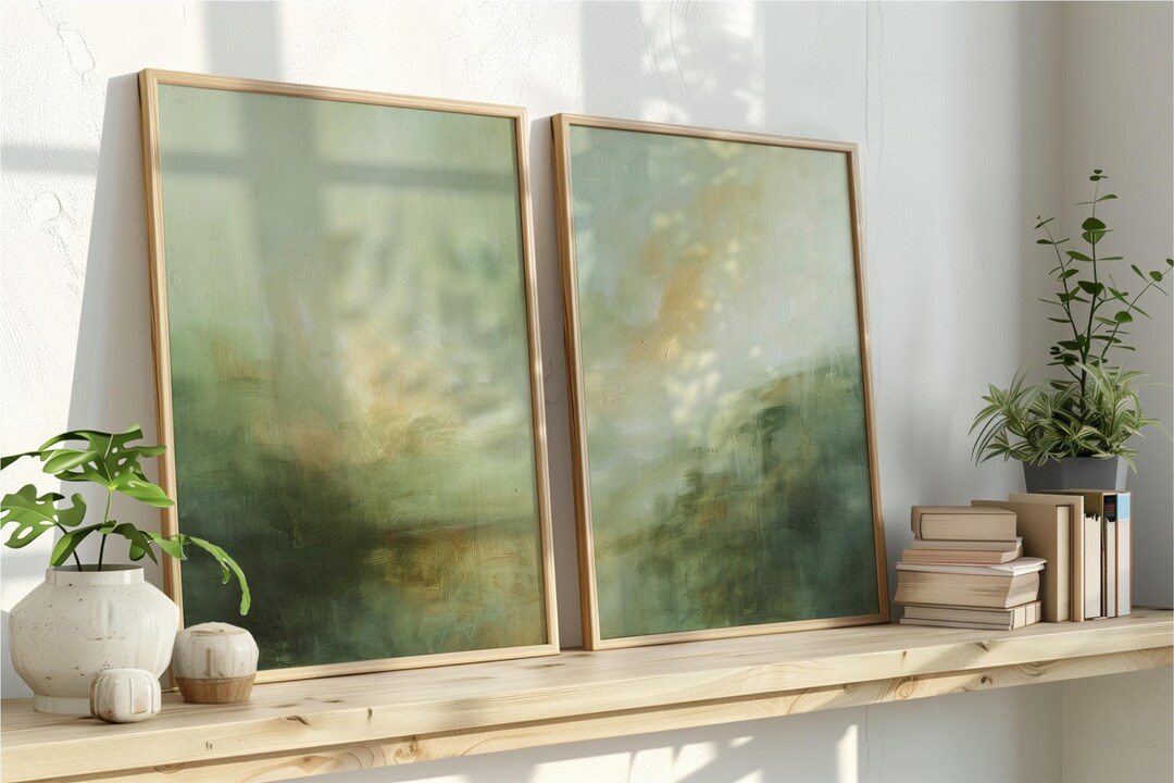 Set of 2 Misty Green Landscape Digital Art Prints | Olive, Sage & Beige ...