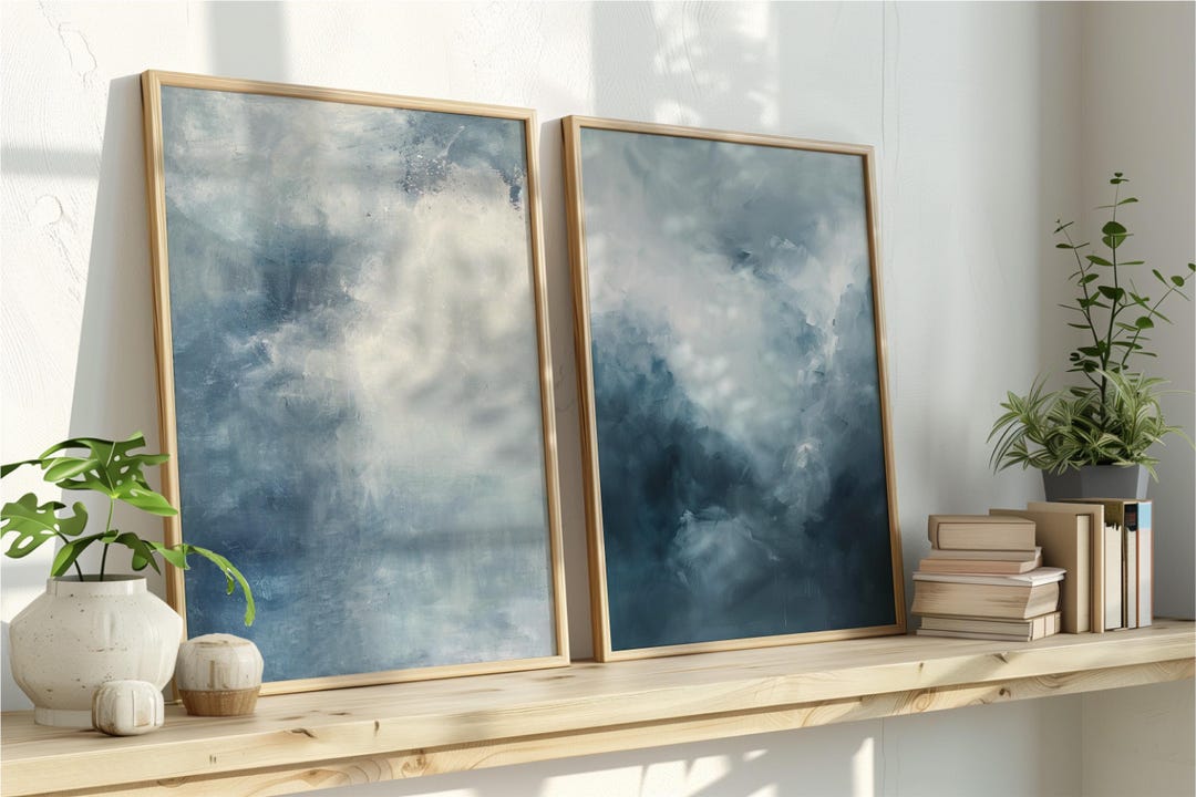 Set of 2 Moody Blue Abstract Digital Art Prints | Navy, Grey & White ...